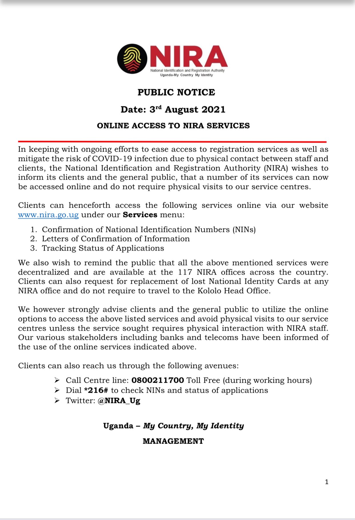 NIRA opens online portal for inquires about national ID registration ...